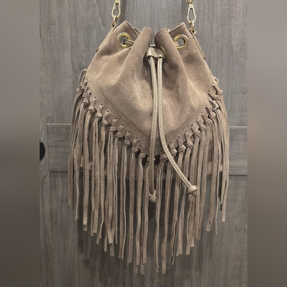 Isadora | Bags | Isadora Taupe Genuine Leather Fringe Draw String ...